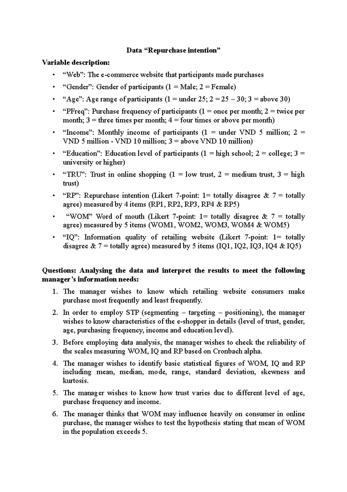 Data repurchase intention - description questions - Data “Repurchase ...