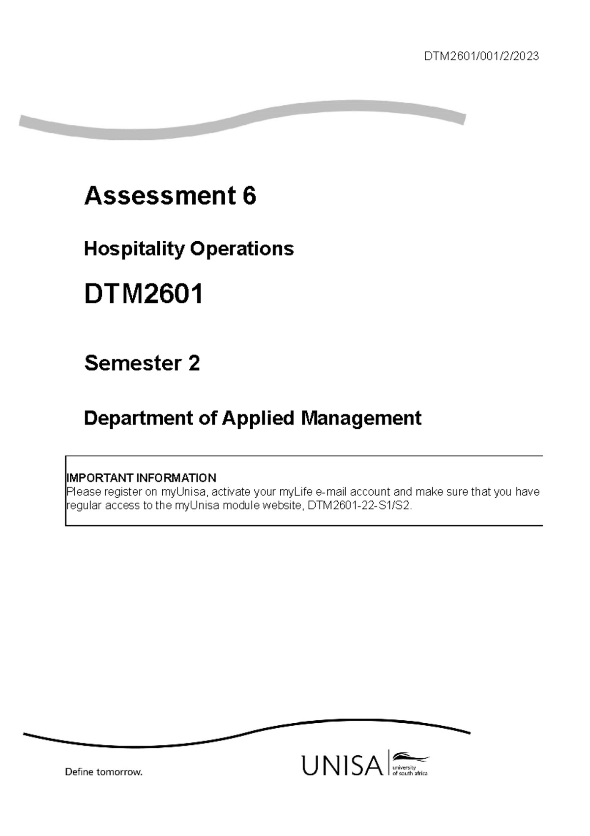 DTM2601 Assessment 3 2 2023-1 - DTM2601/001/2/ Assessment 6 Hospitality ...