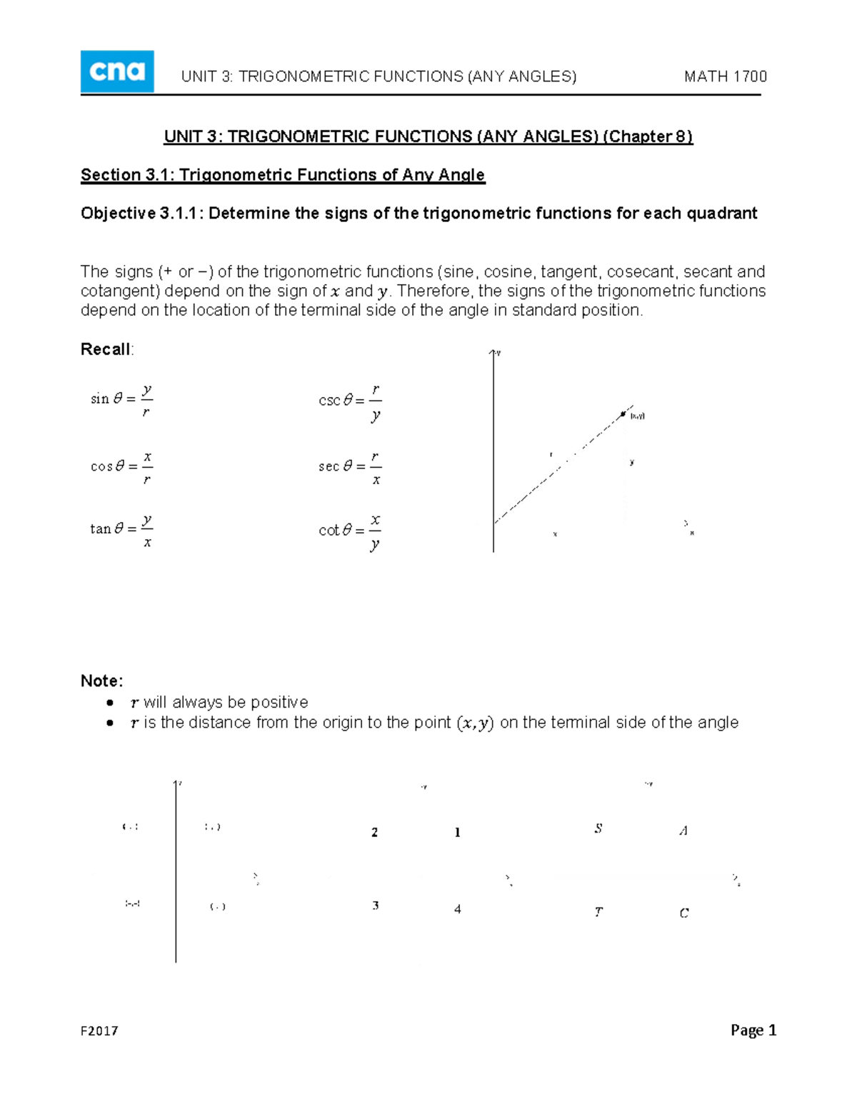 MA1700 Notes Unit 3 - Trig Functions in Any Angle - Warning: TT ...
