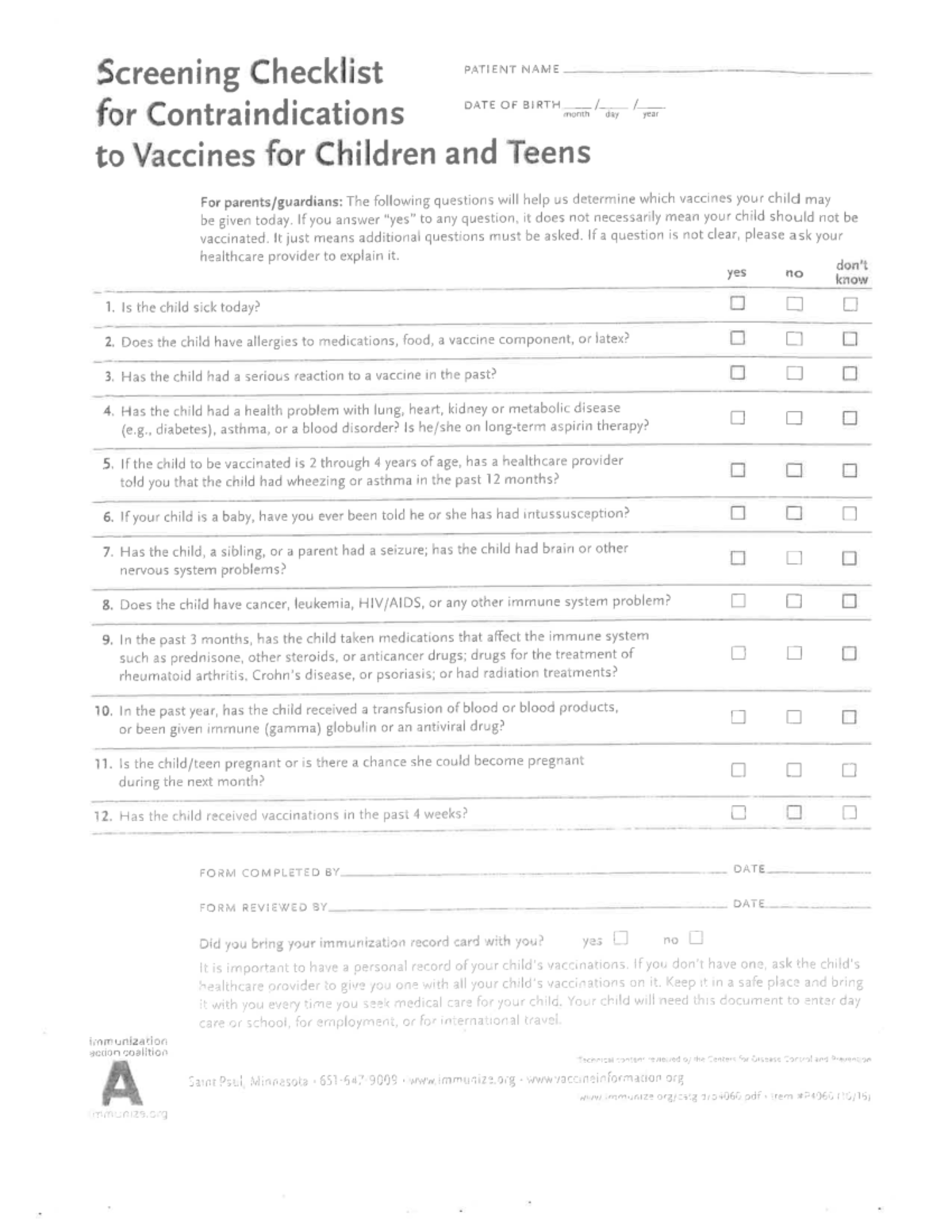 Immunization Screening Checklist Form - NUR 102 - Studocu