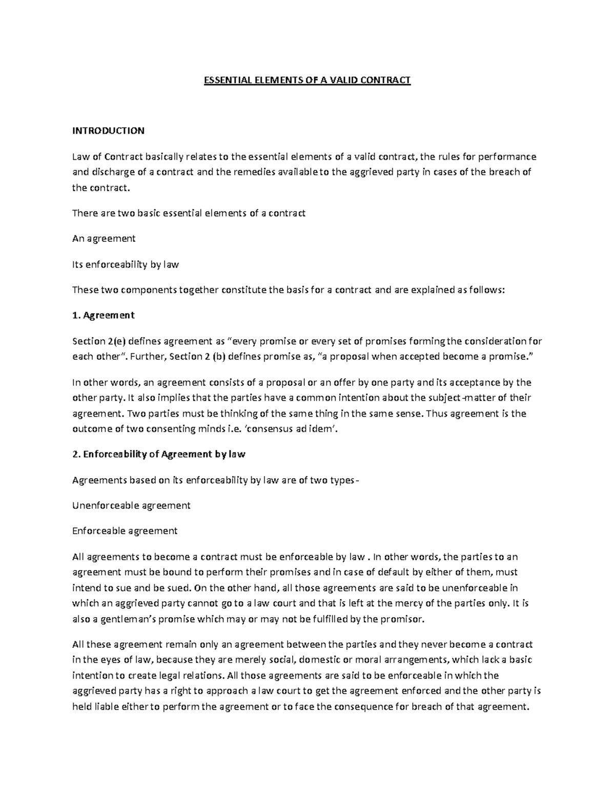Notes BL - Very effective - ESSENTIAL ELEMENTS OF A VALID CONTRACT ...
