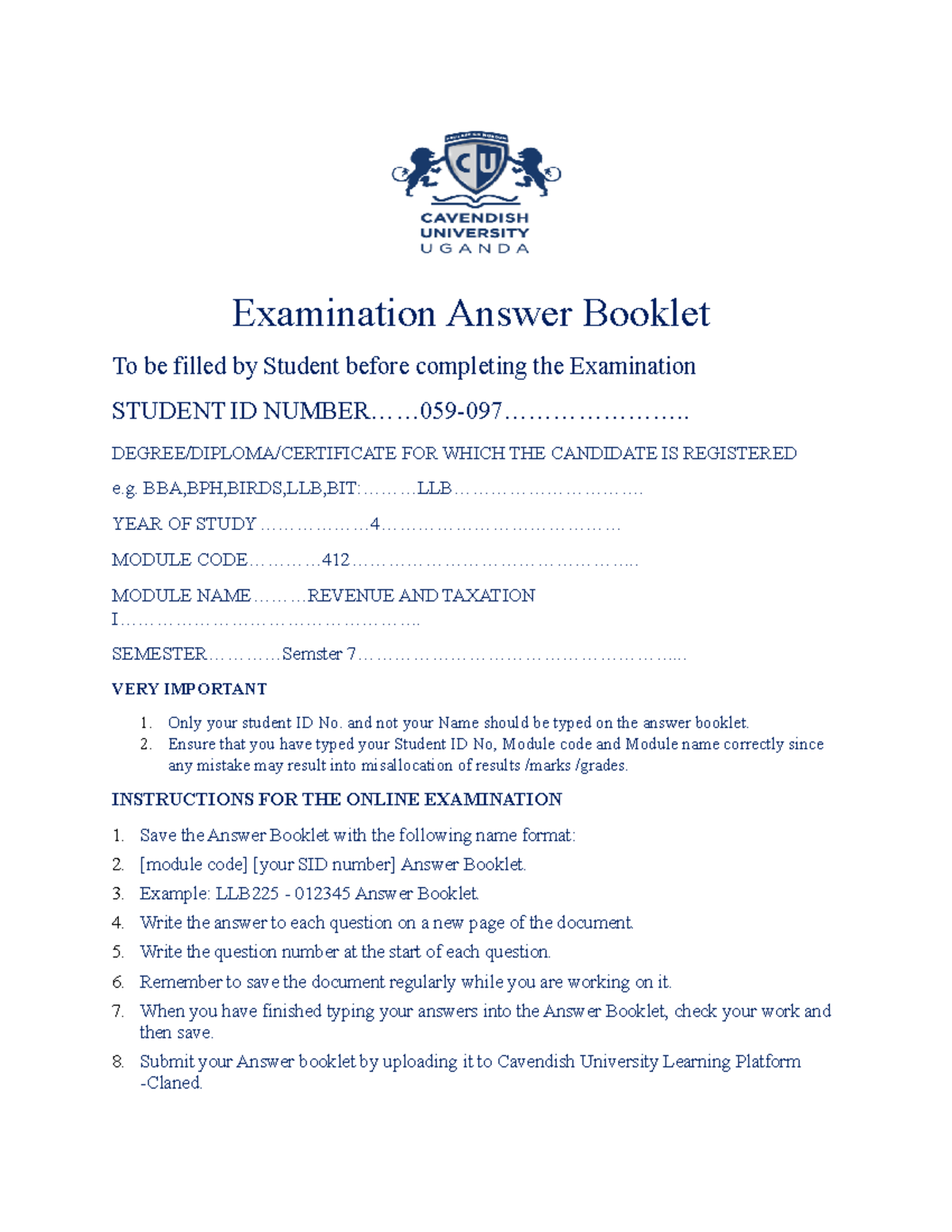 LLB 412 - 059-097Answer Booklet - Examination Answer Booklet To be ...