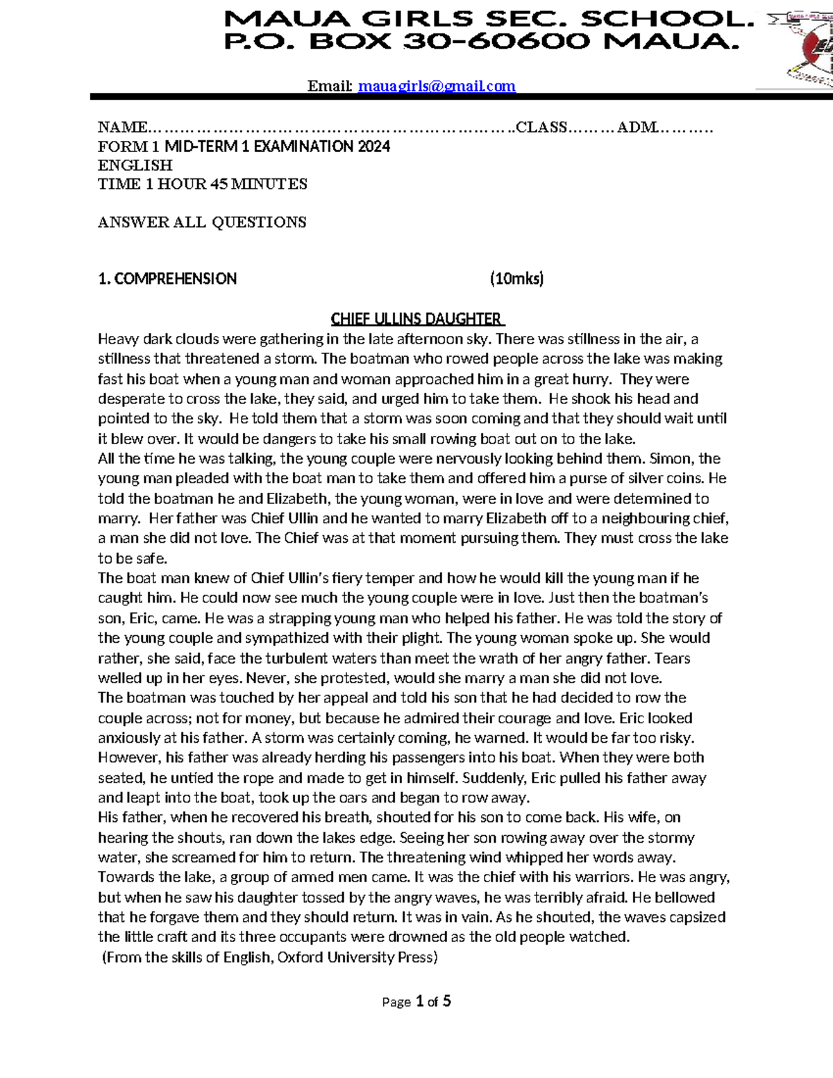 Form 1 term 1midterm exam 2024 - - Studocu