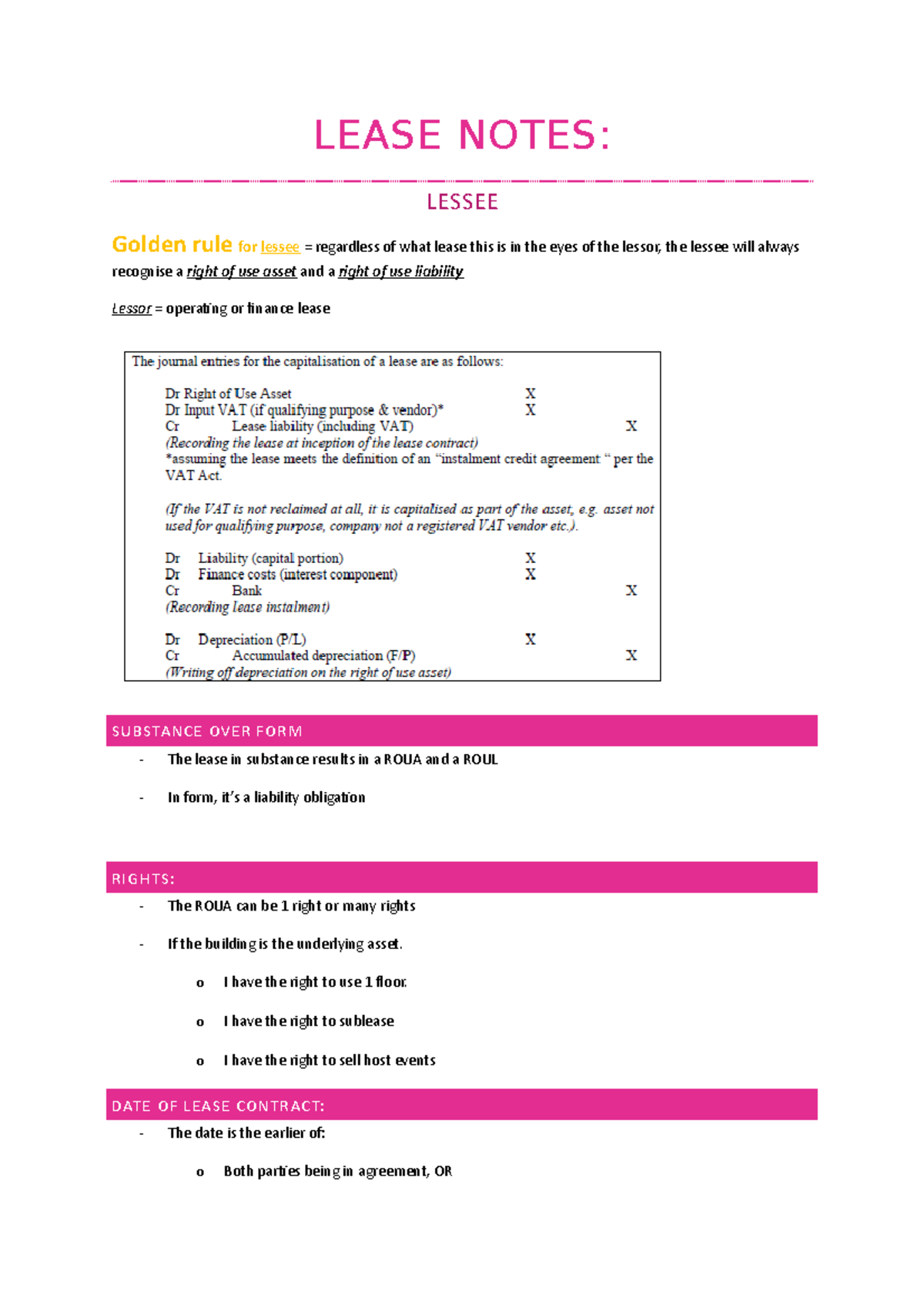 Lease notes Final, everything concerning leases. - LEASE NOTES: LESSEE ...