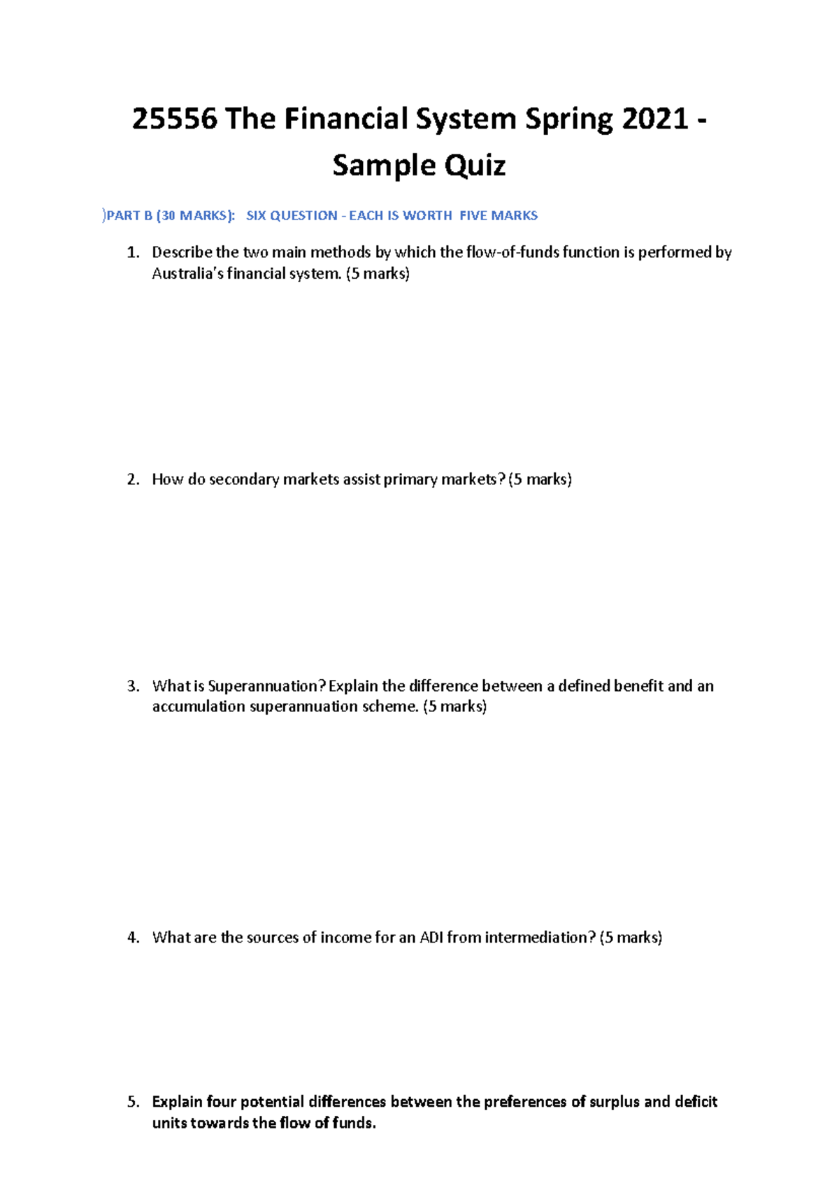 Sample Quiz 25556 The Financial System Spring 22a V2 - 25556 The ...