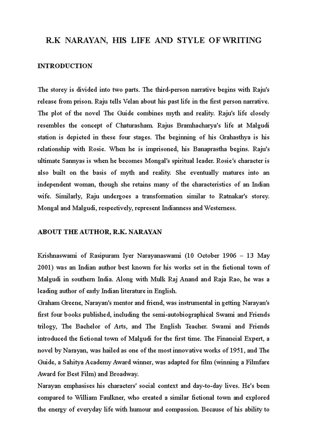 R.K Narayan, HIS LIFE AND Style OF Writing - R NARAYAN, HIS LIFE AND ...