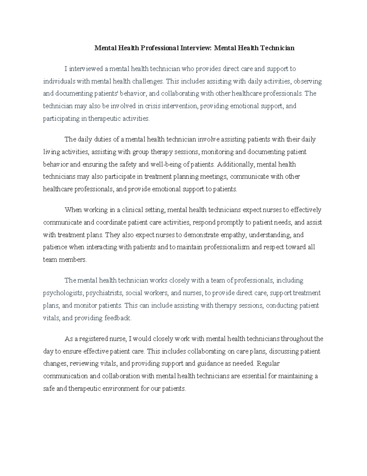 Mental Health Professional Interview - This includes assisting with ...