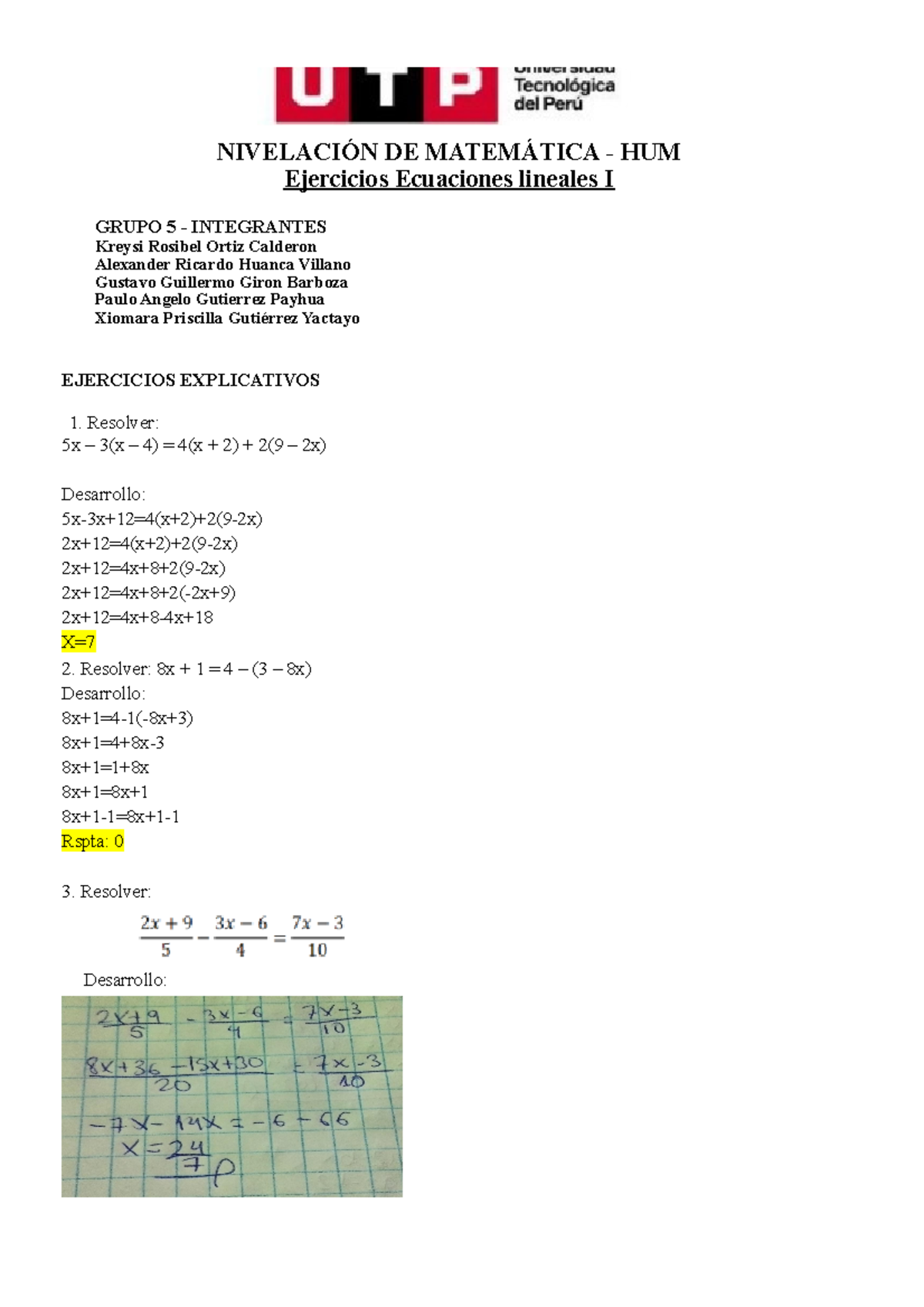 S11.s1 - Ejercicios - NIVELACIÓN DE MATEMÁTICA - HUM Ejercicios Ecuaciones lineales I GRUPO 5 ...