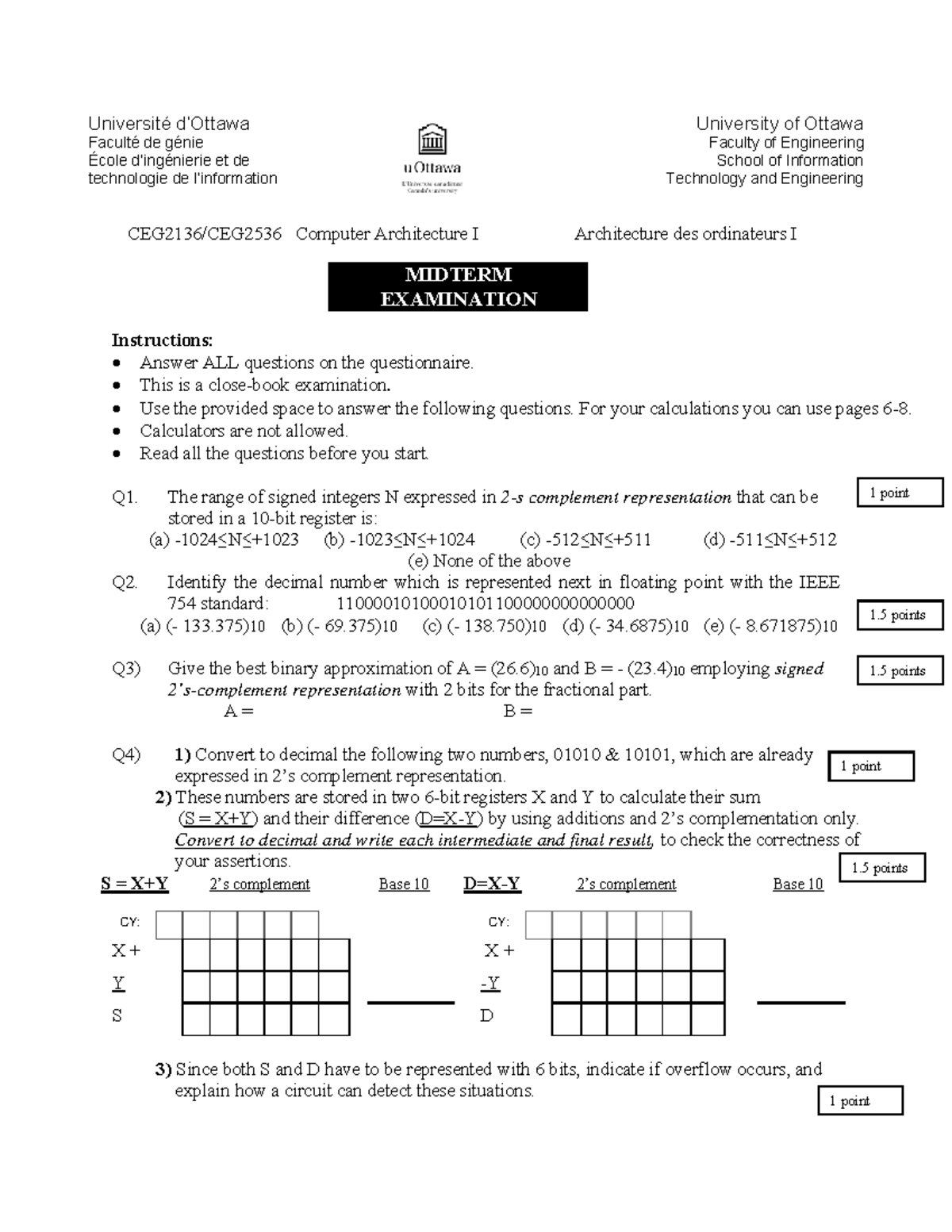 CEG2136 F2008 Midterm Sample Questions - Université d’Ottawa Faculté de génie École d’ingénierie ...