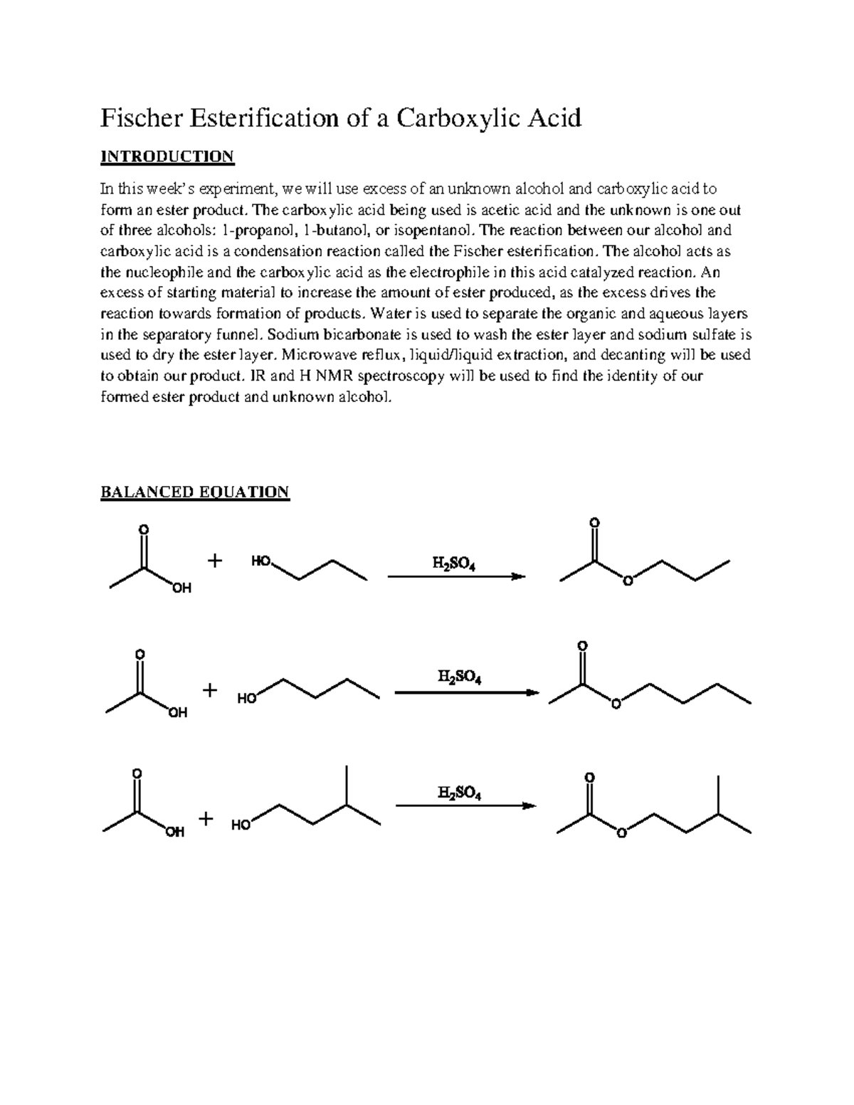 Fischer Esterification of a Carboxylic Acid - CHEM 2212L - UGA - Studocu