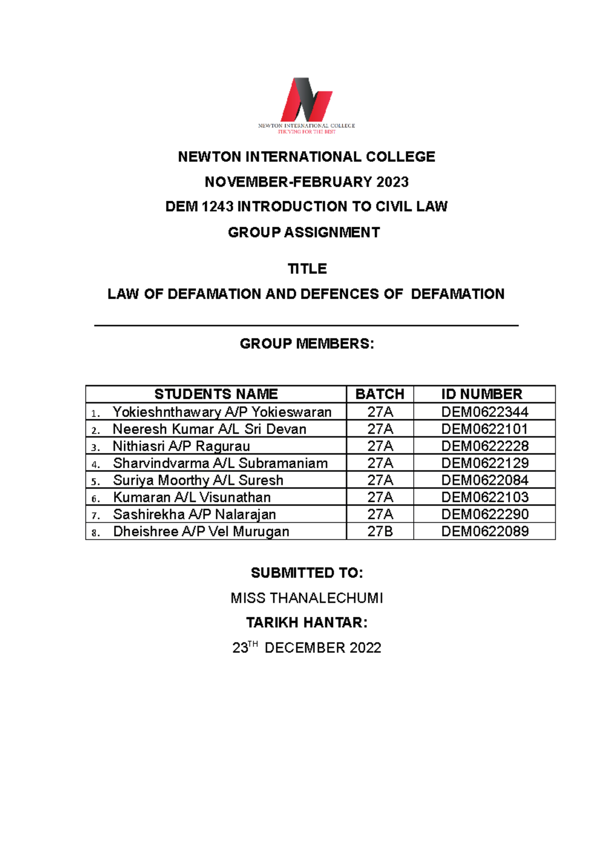 Civil Law Assignment - Suharnizan Case Study - NEWTON INTERNATIONAL ...