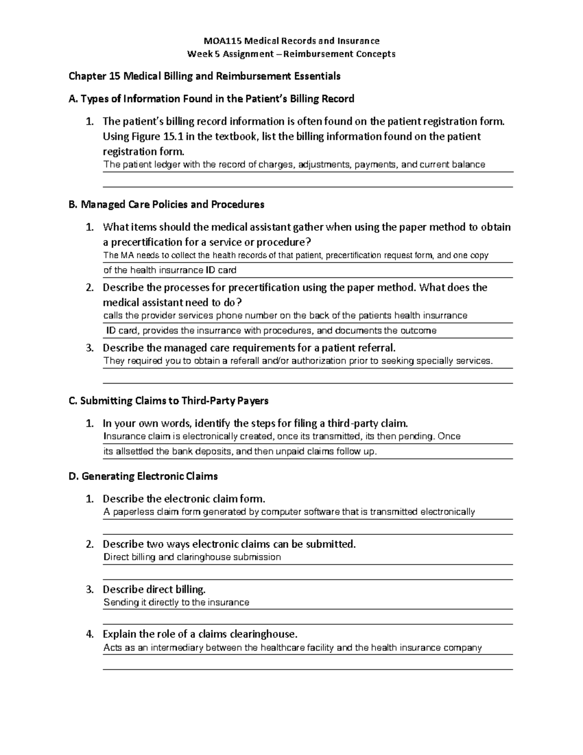 Week 5 Assignment Worksheet - MOA115 Medical Records and Insurance Week ...