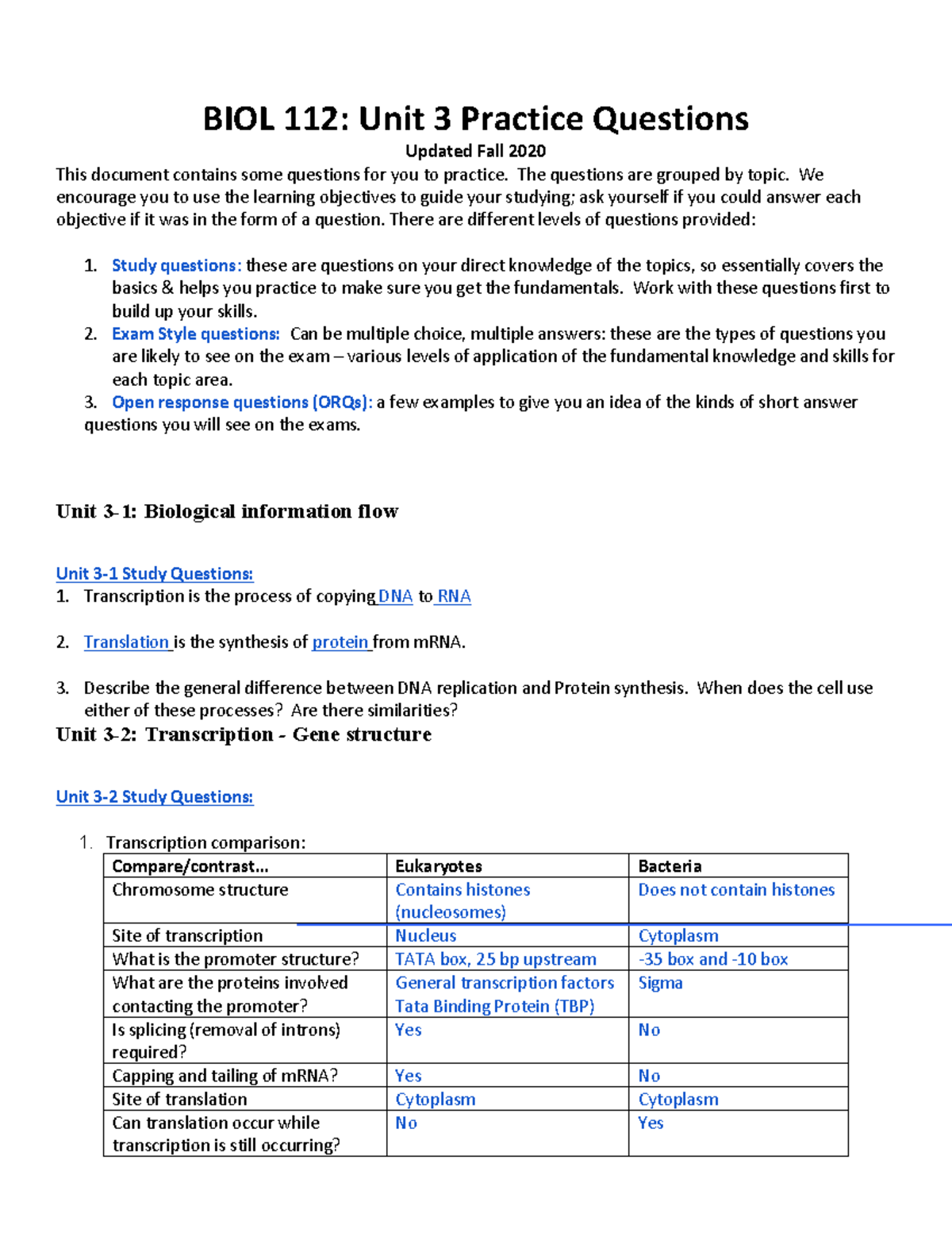 Copy 20of 20unit3 20practice 20questions Q Biol 112 Unit 3 Practice Questions Updated Fall