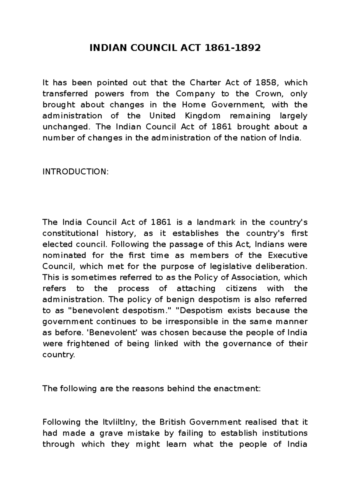 Indian Council ACT 1861-1892 - INDIAN COUNCIL ACT 1861- It has been ...