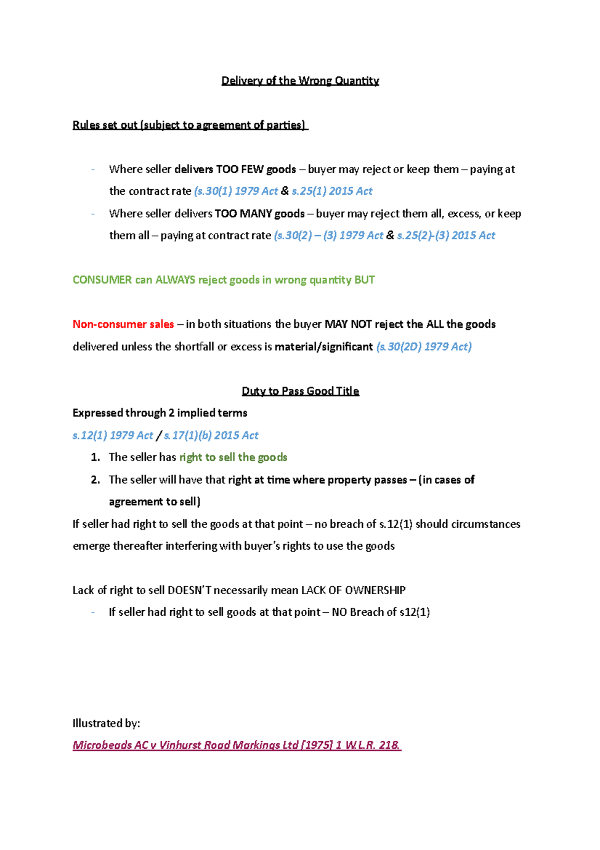 Delivery of the Wrong Quantity - L. 218. o Buyer was prevented from ...