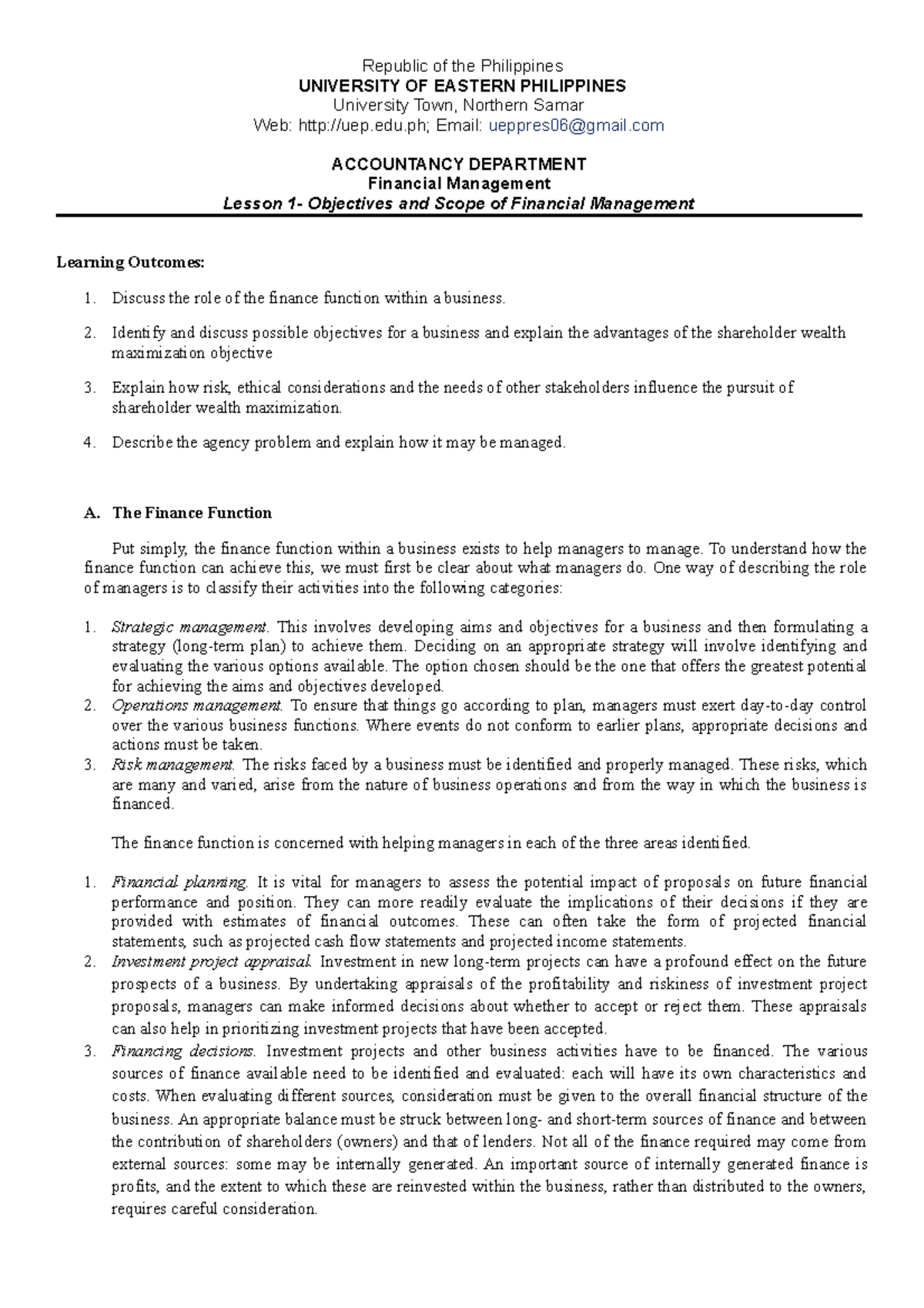 Financial Management Module 1 Learning Material for Learning Assessment ...