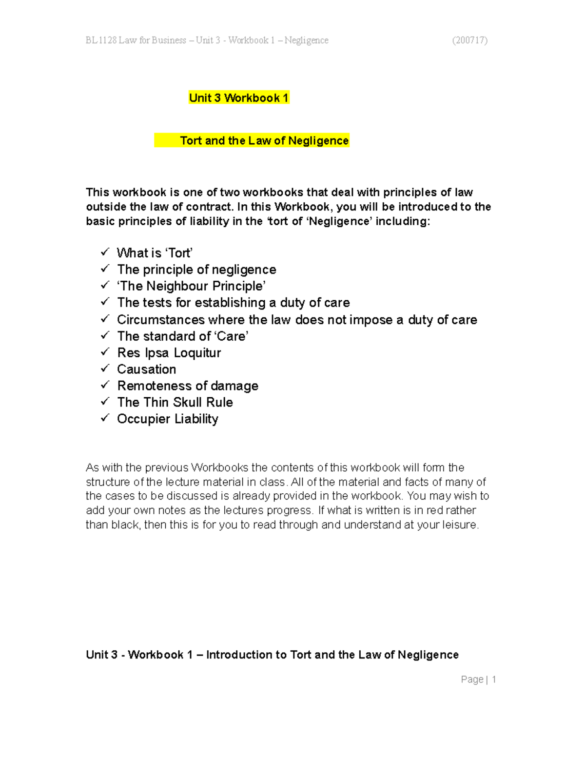 Unit 3 Workbook 1 Tort and Negligence - Unit 3 Workbook 1 Tort and the ...