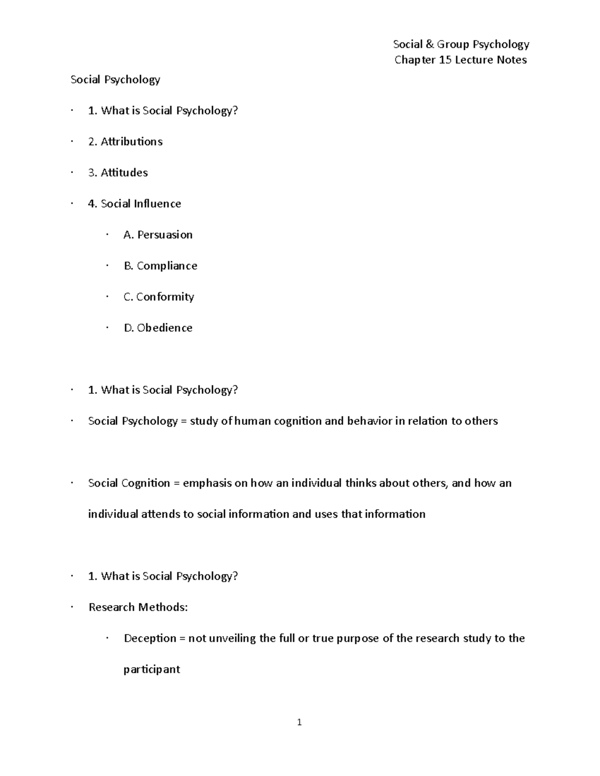 Social & Group Psychology Lecture Notes I - Social Psychology ∙ 1. What ...