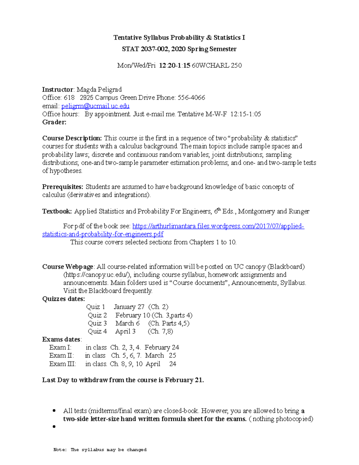 STAT2037-Probability and Statistics I - Tentative Syllabus Probability ...