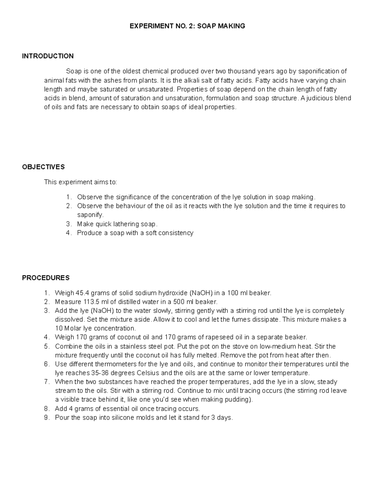 Industrial Laboratory Report Sheet - EXPERIMENT NO. 2: SOAP MAKING ...