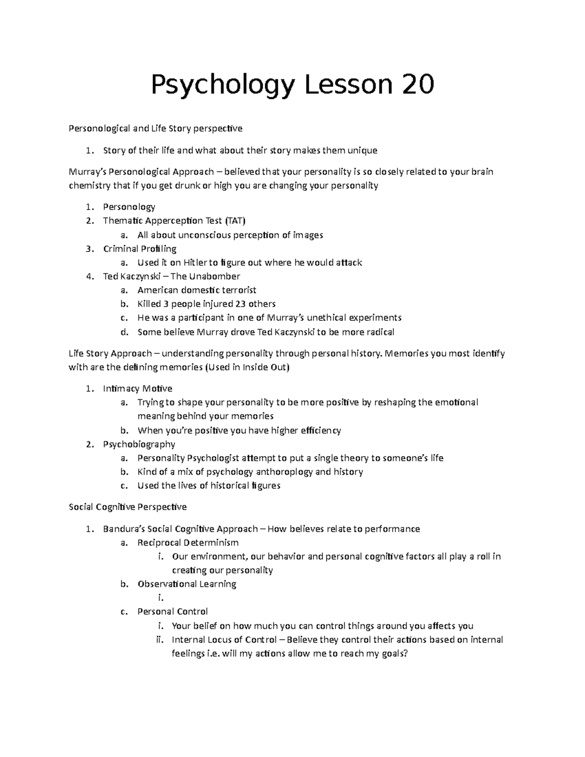 Psychology Lesson 20 - Lecture notes 20 - Psychology Lesson 20 ...