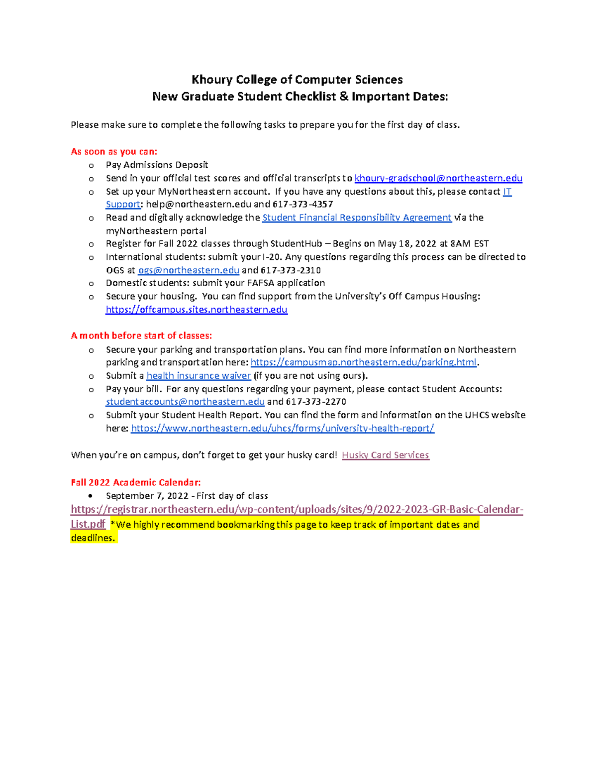 New Student Checklist - Khoury College of Computer Sciences New ...