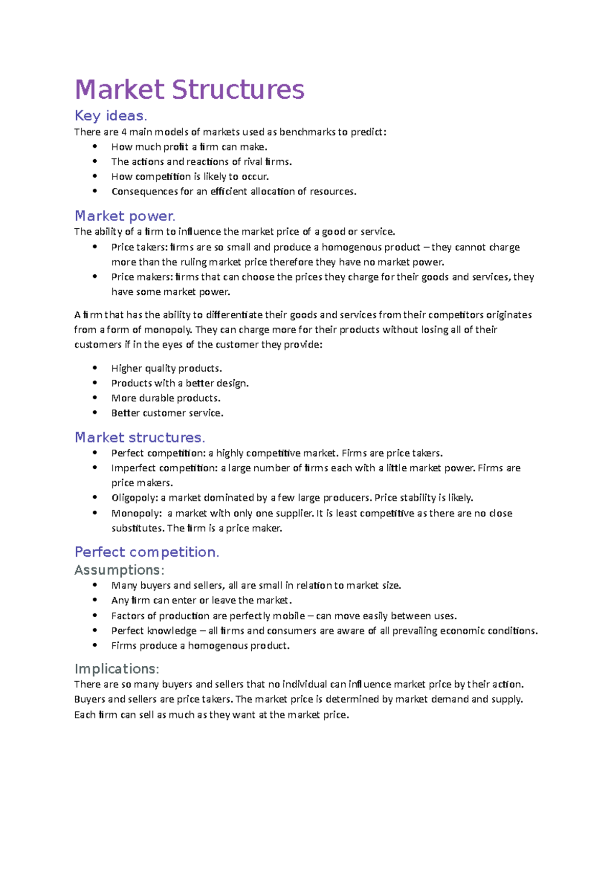 Market Structures - Lecture notes 3b, 4 - Market Structures Key ideas ...