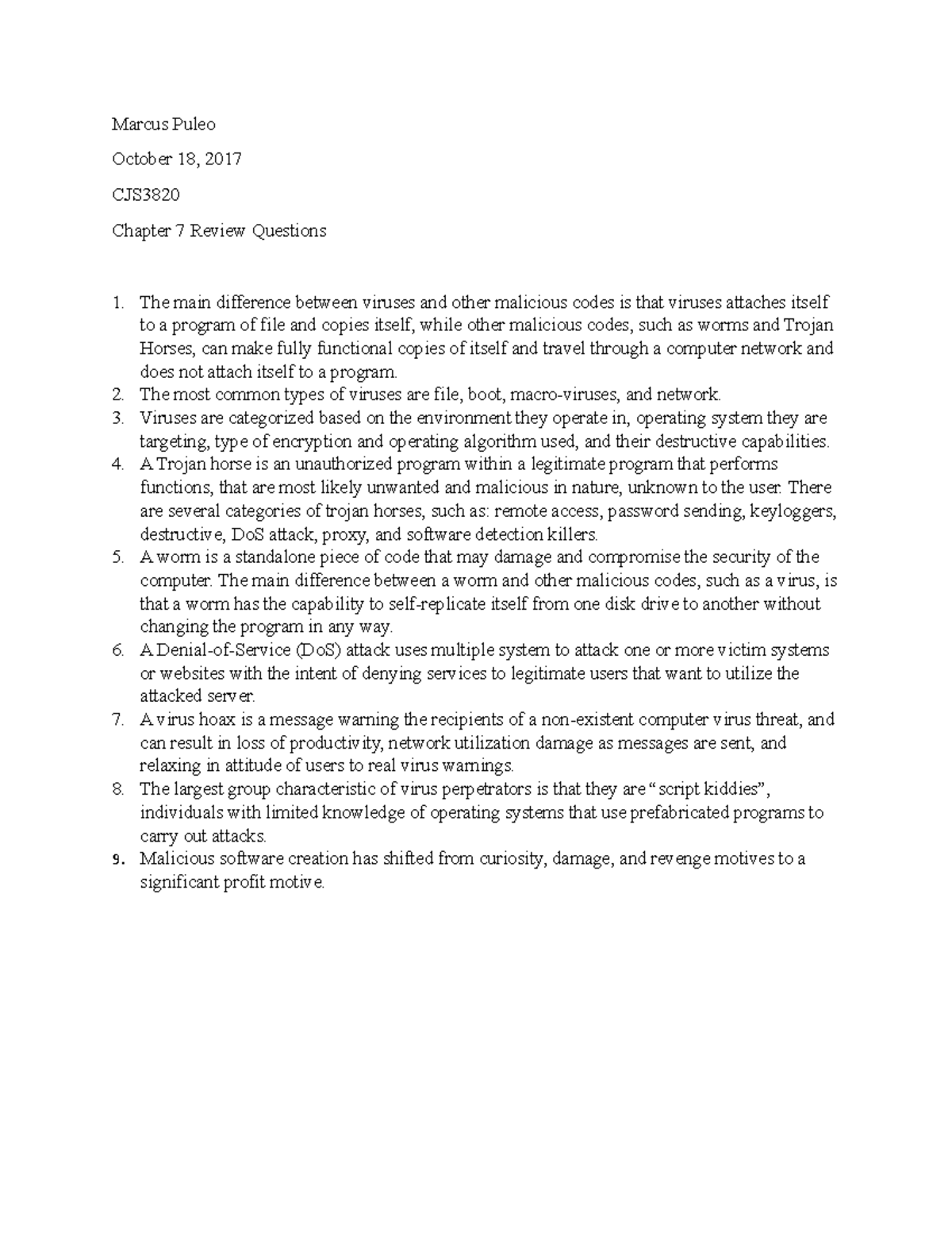 Chapter 7 Review Questions - Marcus Puleo October 18, 2017 CJS3820 ...