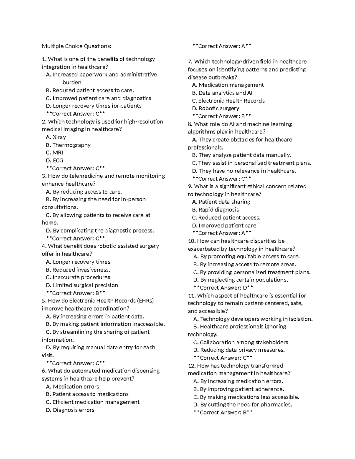 Multiple Choice Questions With answer - Multiple Choice Questions: What ...