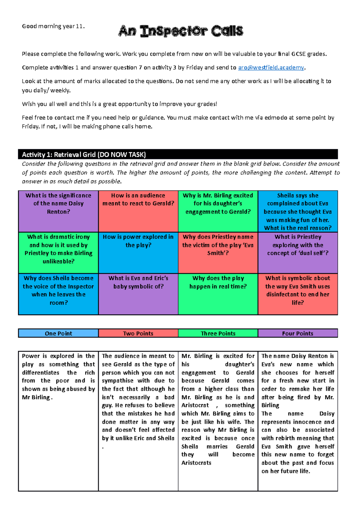 An Inspector Calls - Example Exam Answers Booklet - Good morning year ...
