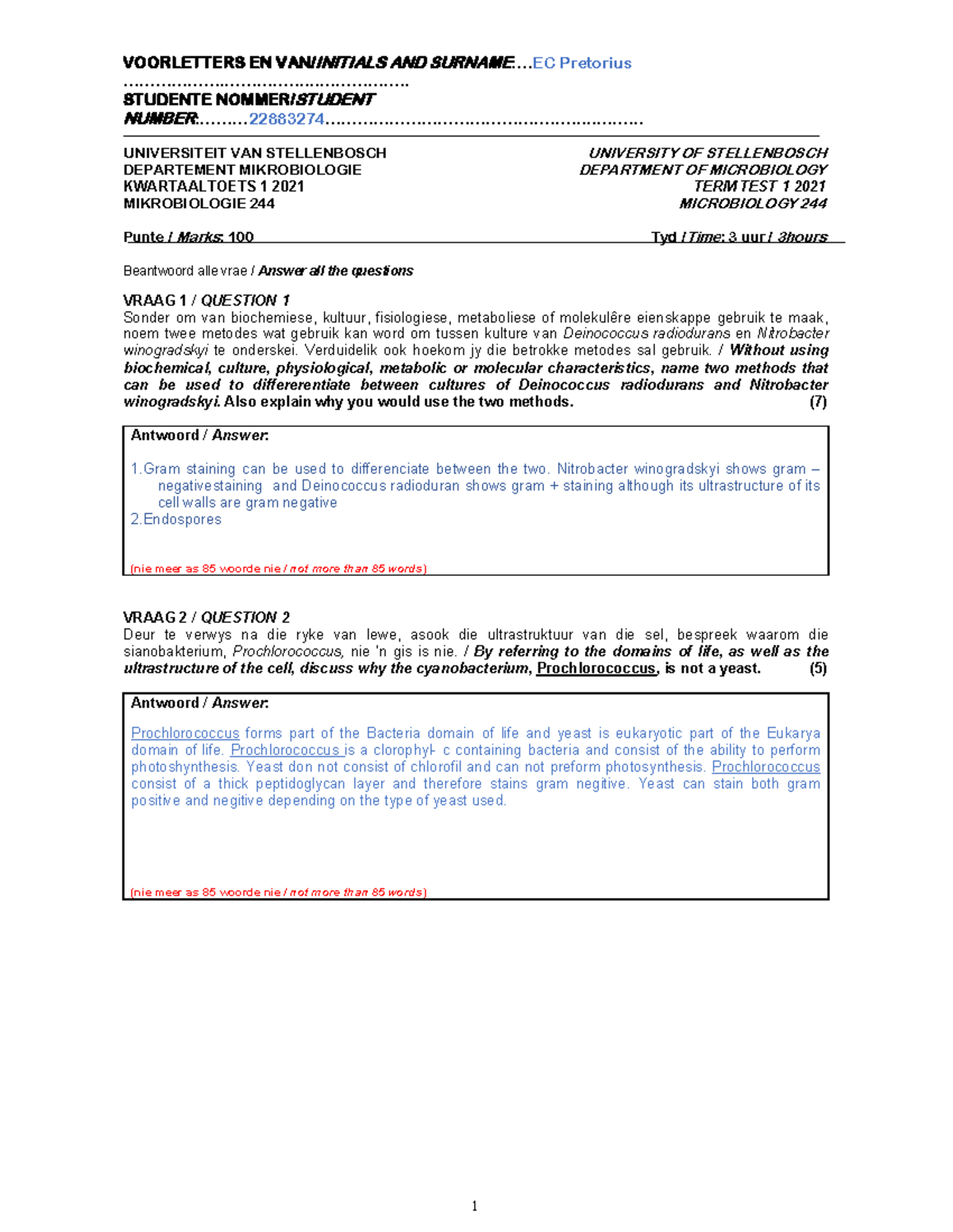 Semester test 1 finaal - possible Q - VOORLETTERS EN VAN/ INITIALS AND ...