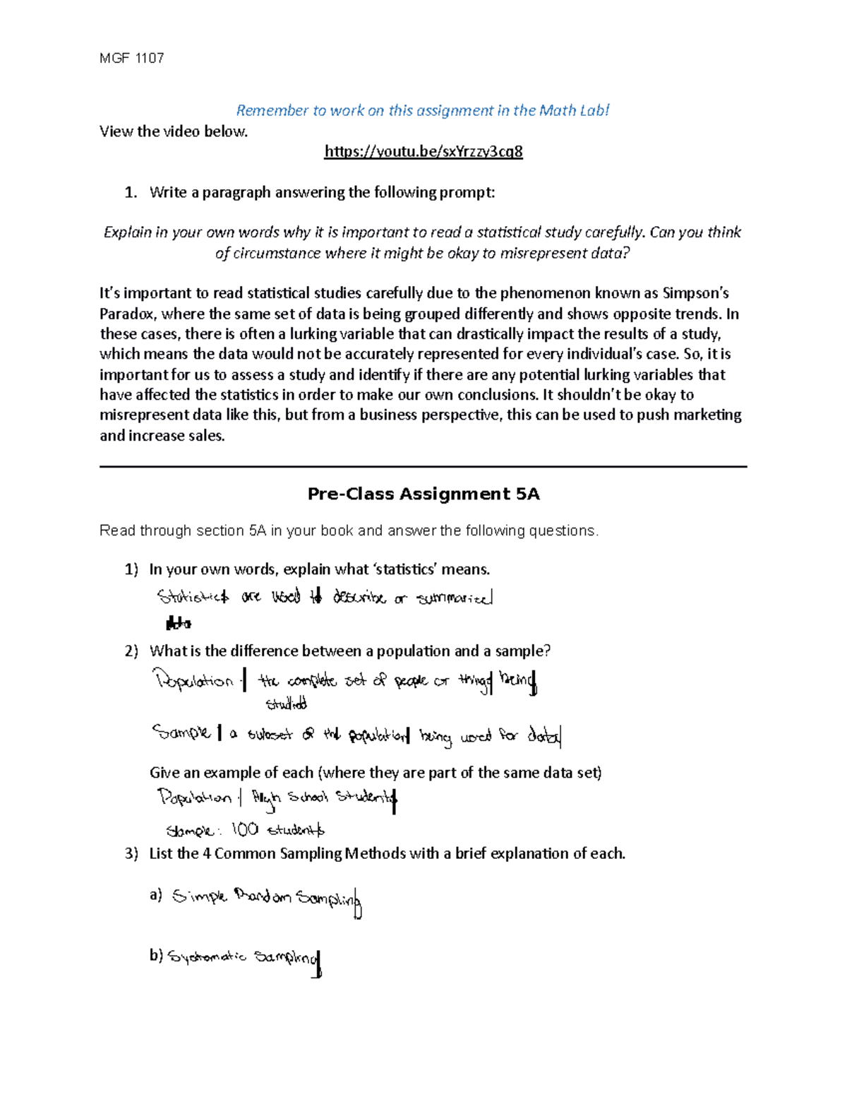 Pre-Class Worksheet (5A) - MGF 1107 Remember to work on this assignment ...