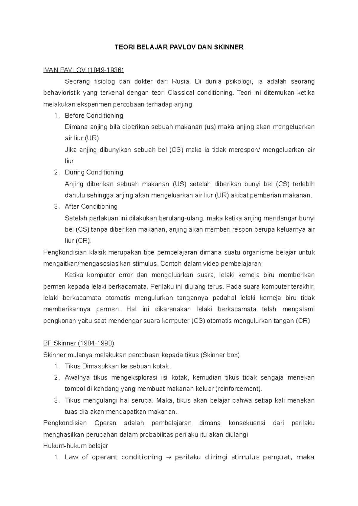 PSI PEND 5- Teori Belajar Pavlov DAN Skinner - TEORI BELAJAR PAVLOV DAN SKINNER IVAN PAVLOV ...