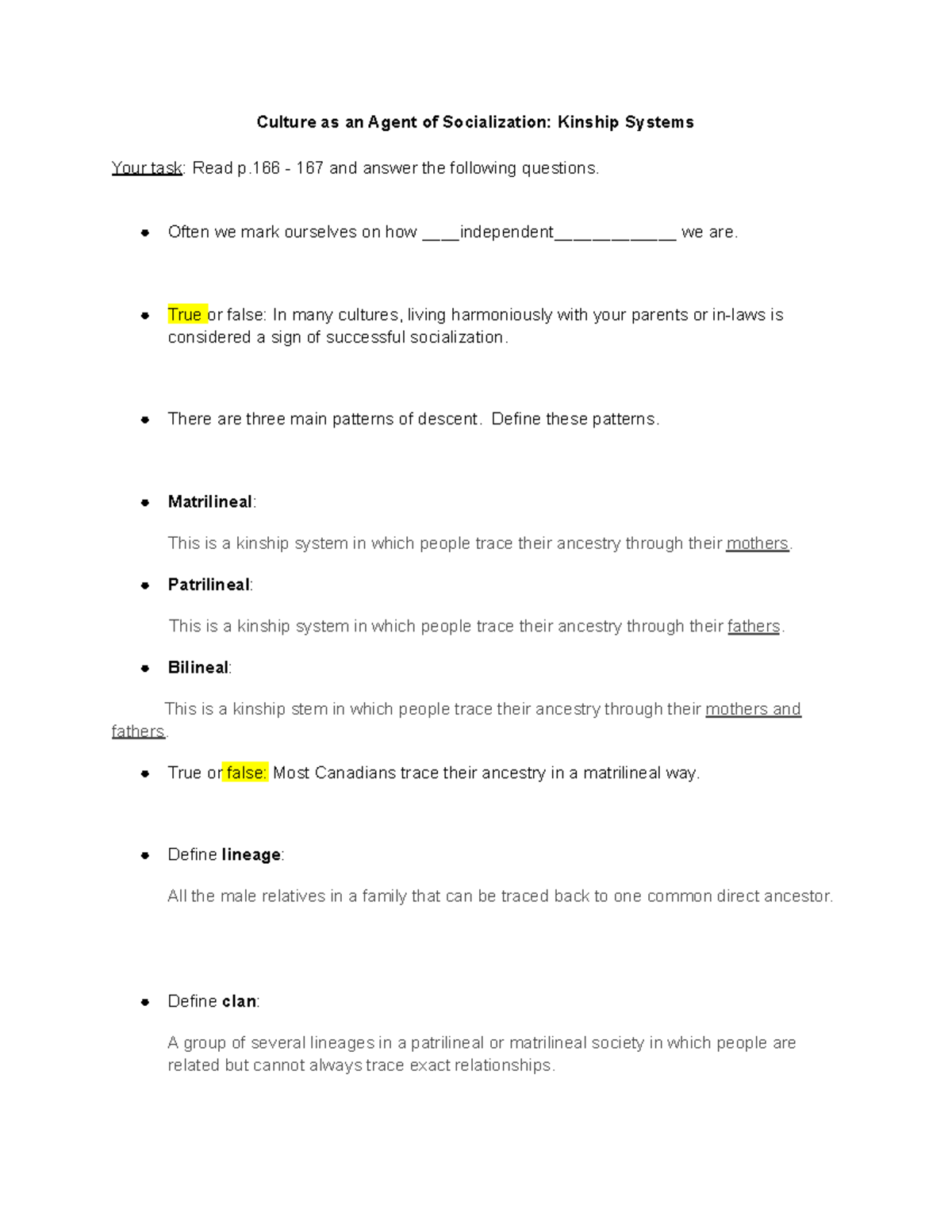 Kinship Systems worksheet - Culture as an Agent of Socialization ...