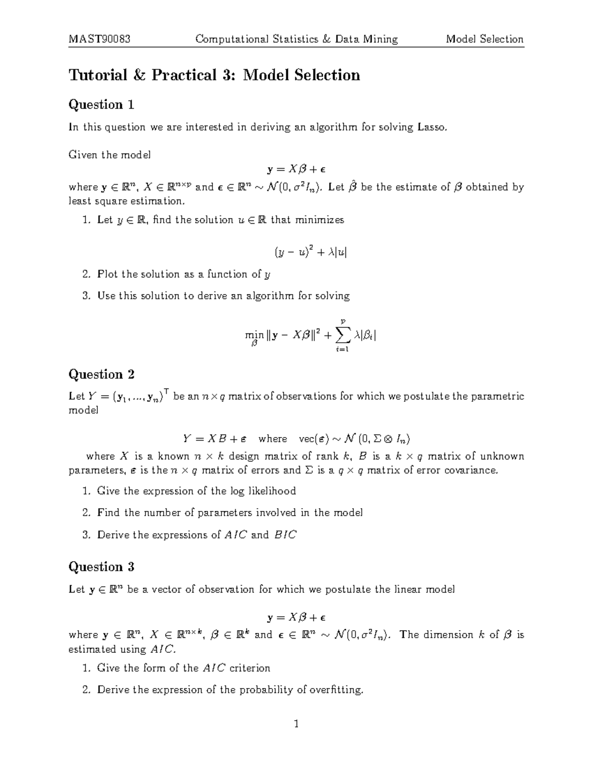 Tutorial 3 - MAST90083 Computational Statistics & Data Mining Model Selection Tutorial & - Studocu