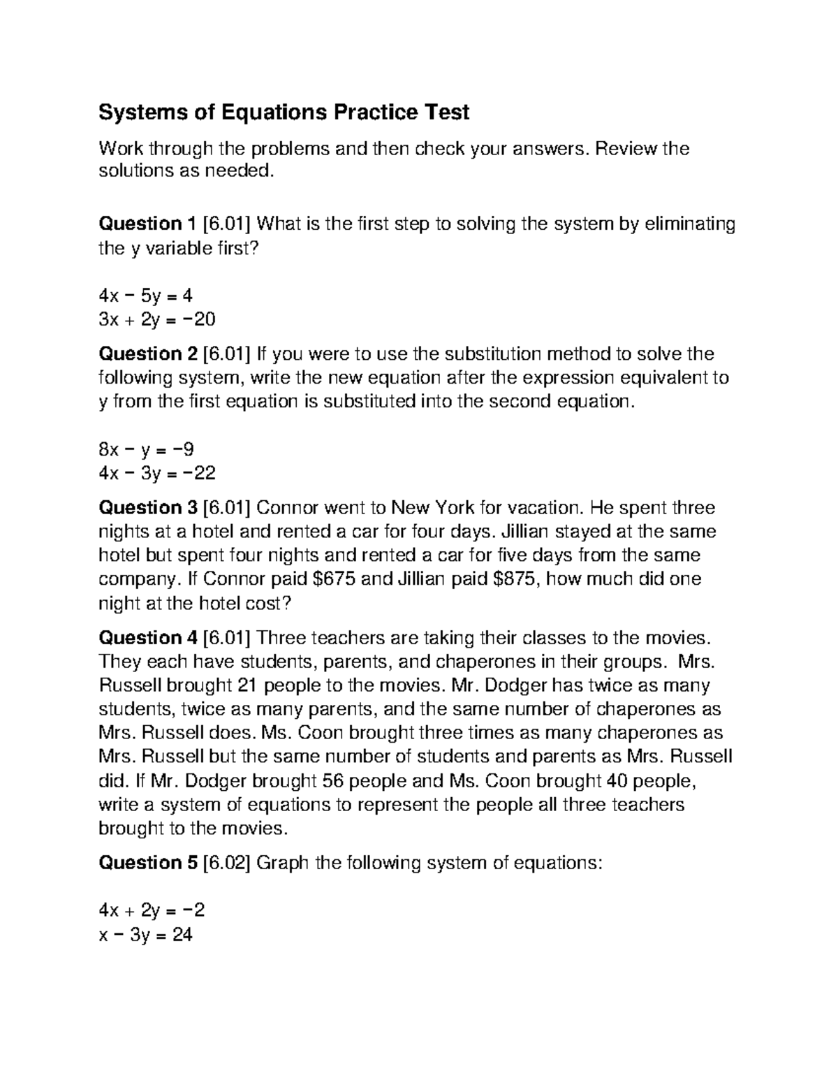 Systems of equations prac - Systems of Equations Practice Test Work ...