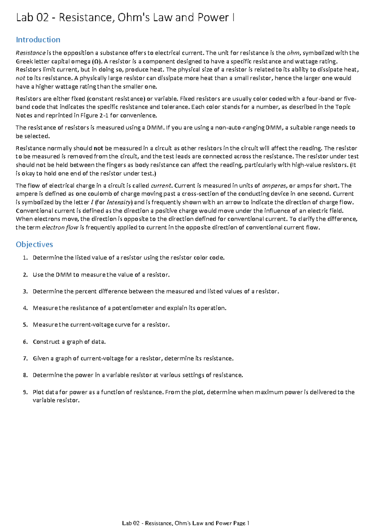 Lab 02- Resistance, Ohm's Law and Power - Introduction Resistance is ...