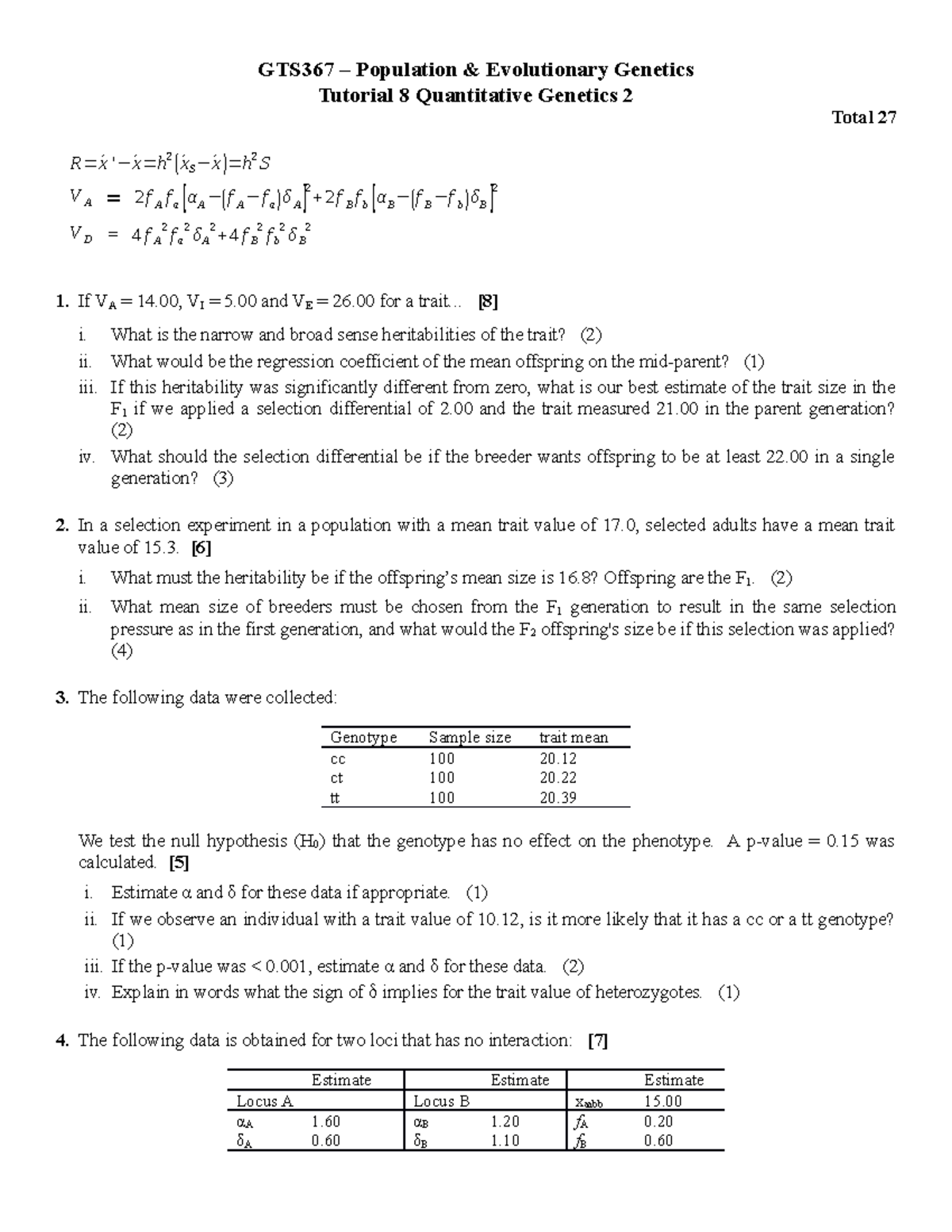 Tut 8 QG - Tutorial 8 - GTS367 – Population & Evolutionary Genetics ...