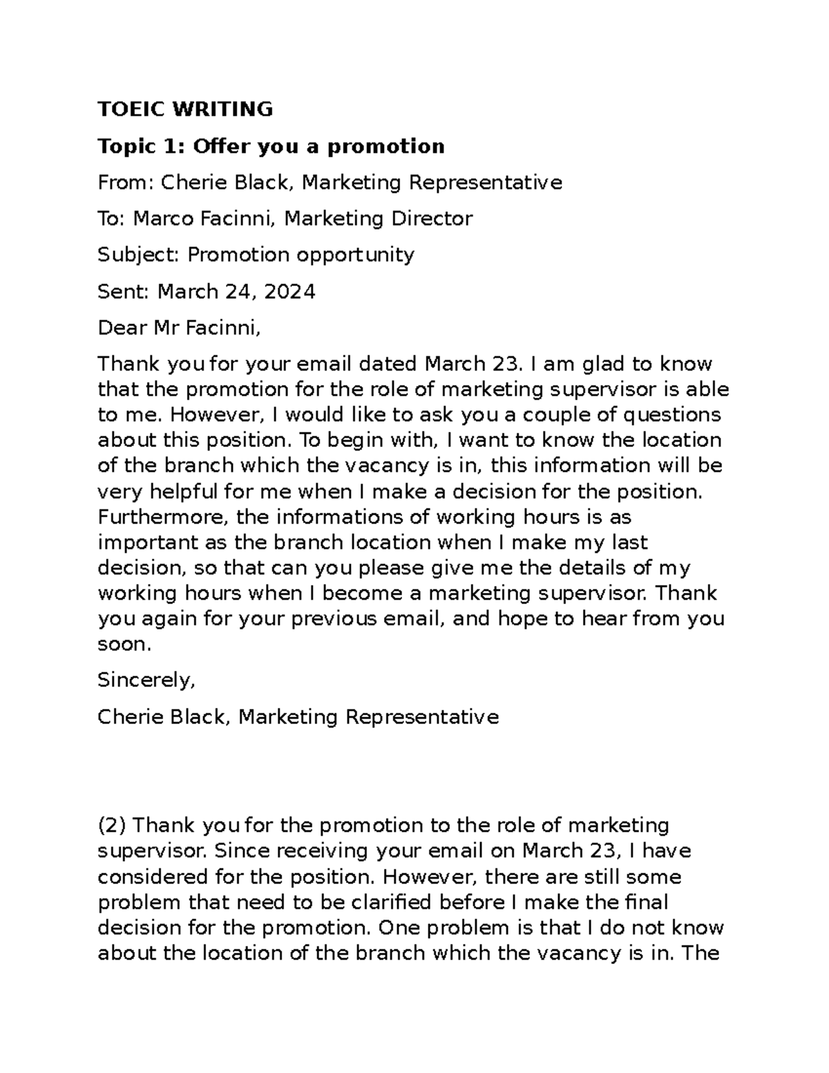 Toeic Writing - BTVN - TOEIC WRITING Topic 1: Offer you a promotion ...