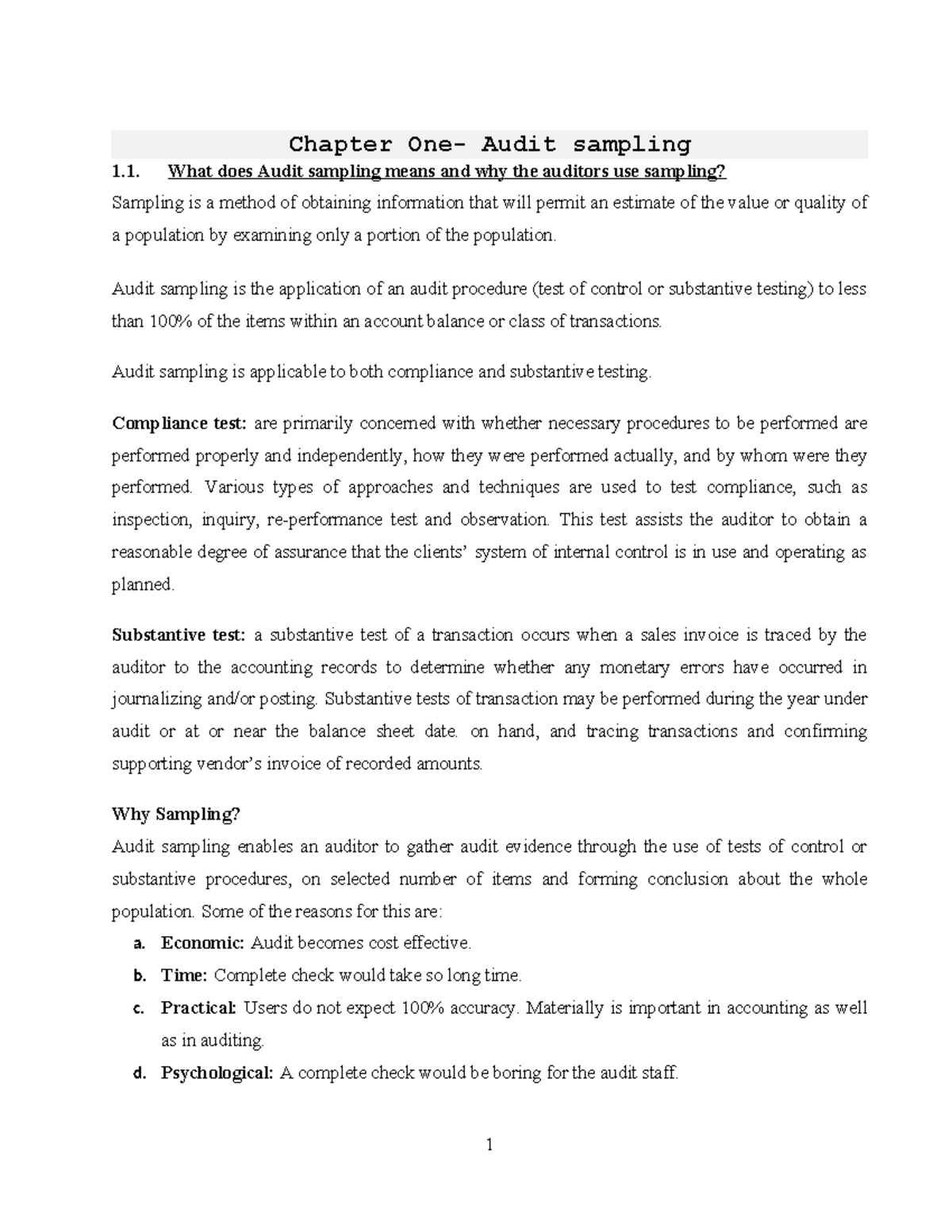 Audit Sample CH 1 DM Final - Chapter One- Audit sampling 1. What does ...