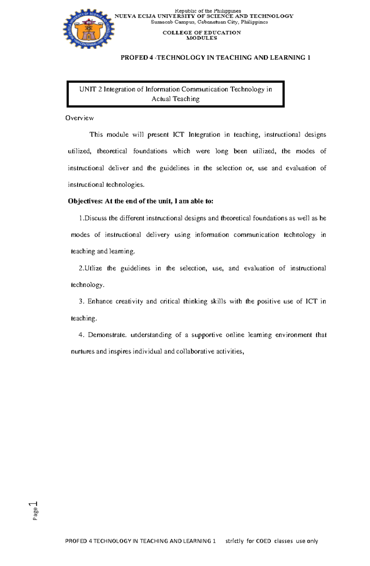 Unit 2 Prof Ed 4 - n/a - Page 1 Overview This module will present ICT ...
