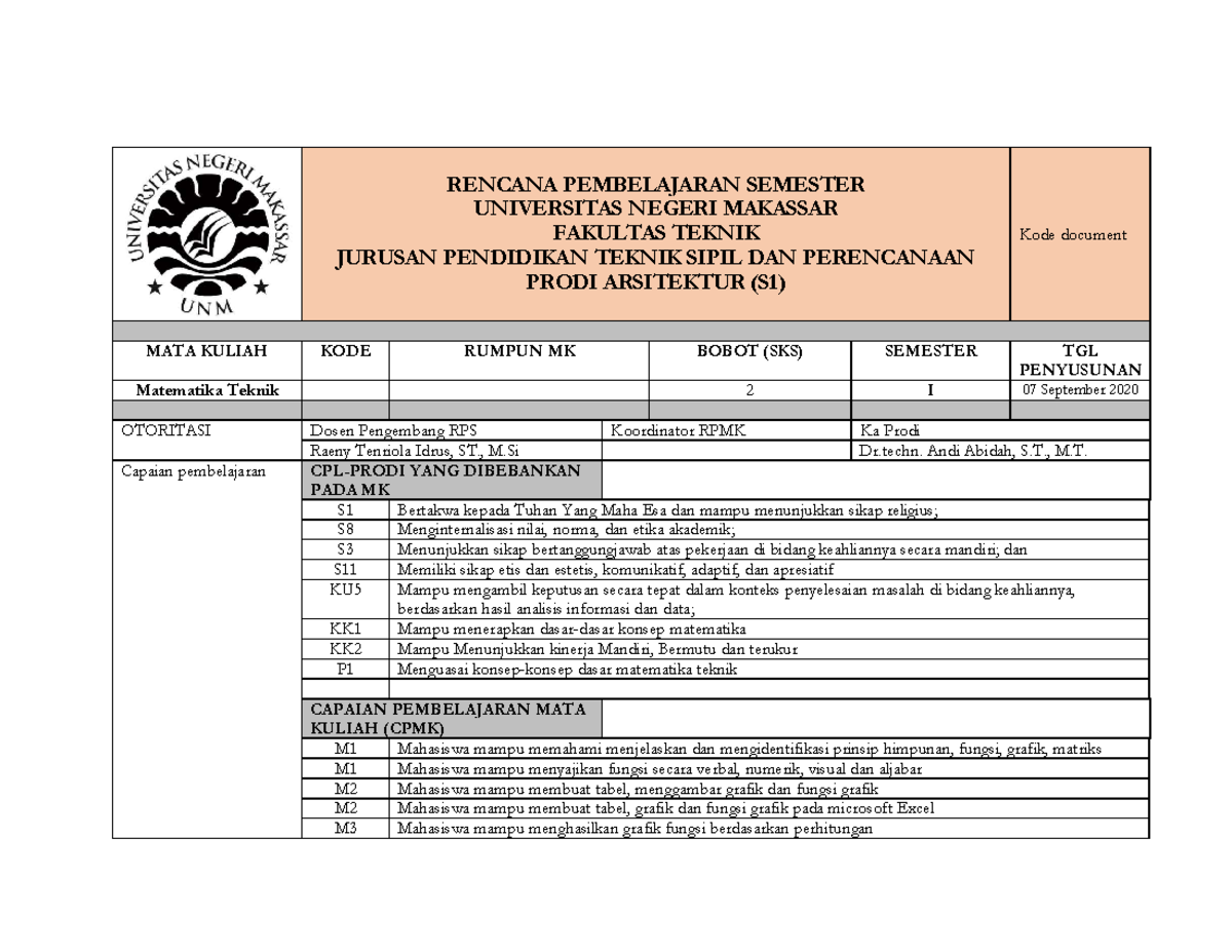 RPS Matematika Teknik Arsitektur - RENCANA PEMBELAJARAN SEMESTER ...