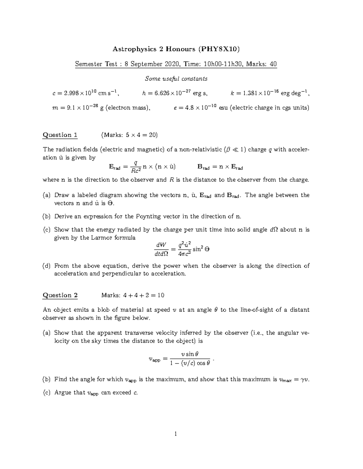 Test1 - Past paper - Astrophysics 2 Honours (PHY8X10) Semester Test : 8 ...