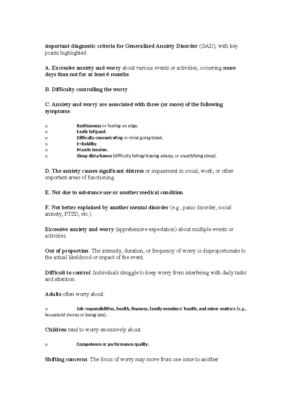 DSM GAD Summary - Notes for DSM5 - important diagnostic criteria for ...