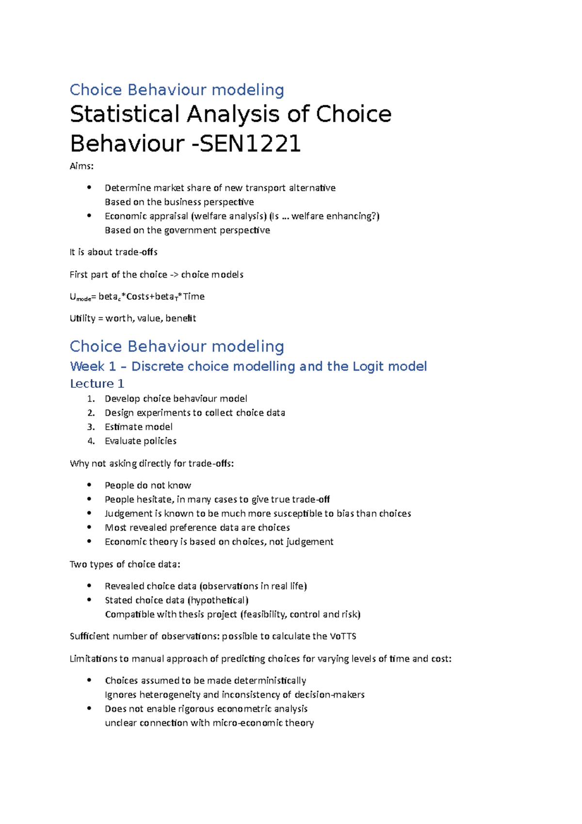 Summary Part 1 Choice Behaviour modeling - Choice Behaviour modeling ...