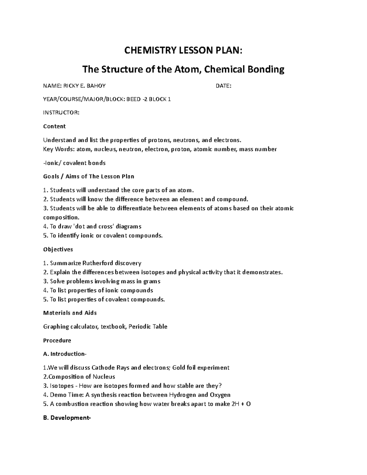 Chemistry Lesson PLAN - CHEMISTRY LESSON PLAN: The Structure of the ...
