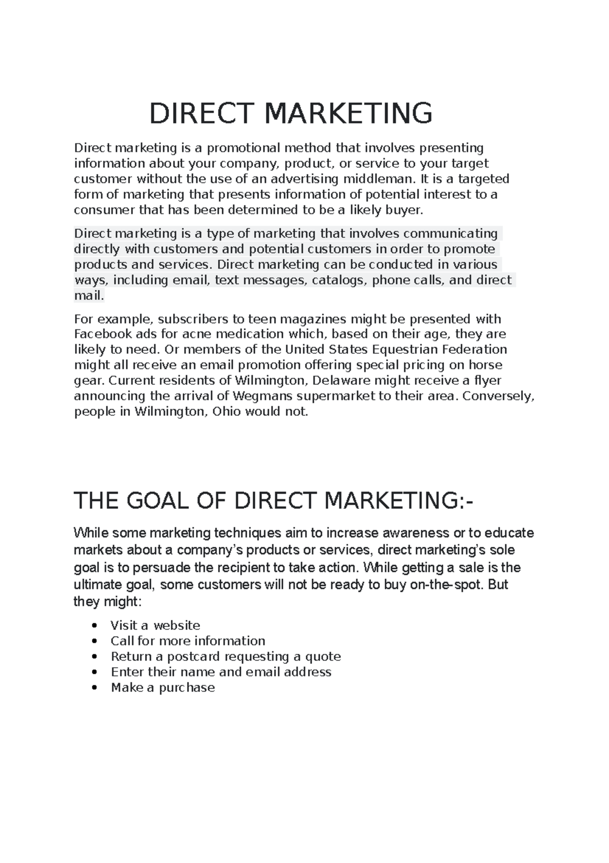 hrm customer satisfaction - DIRECT MARKETING Direct marketing is a ...