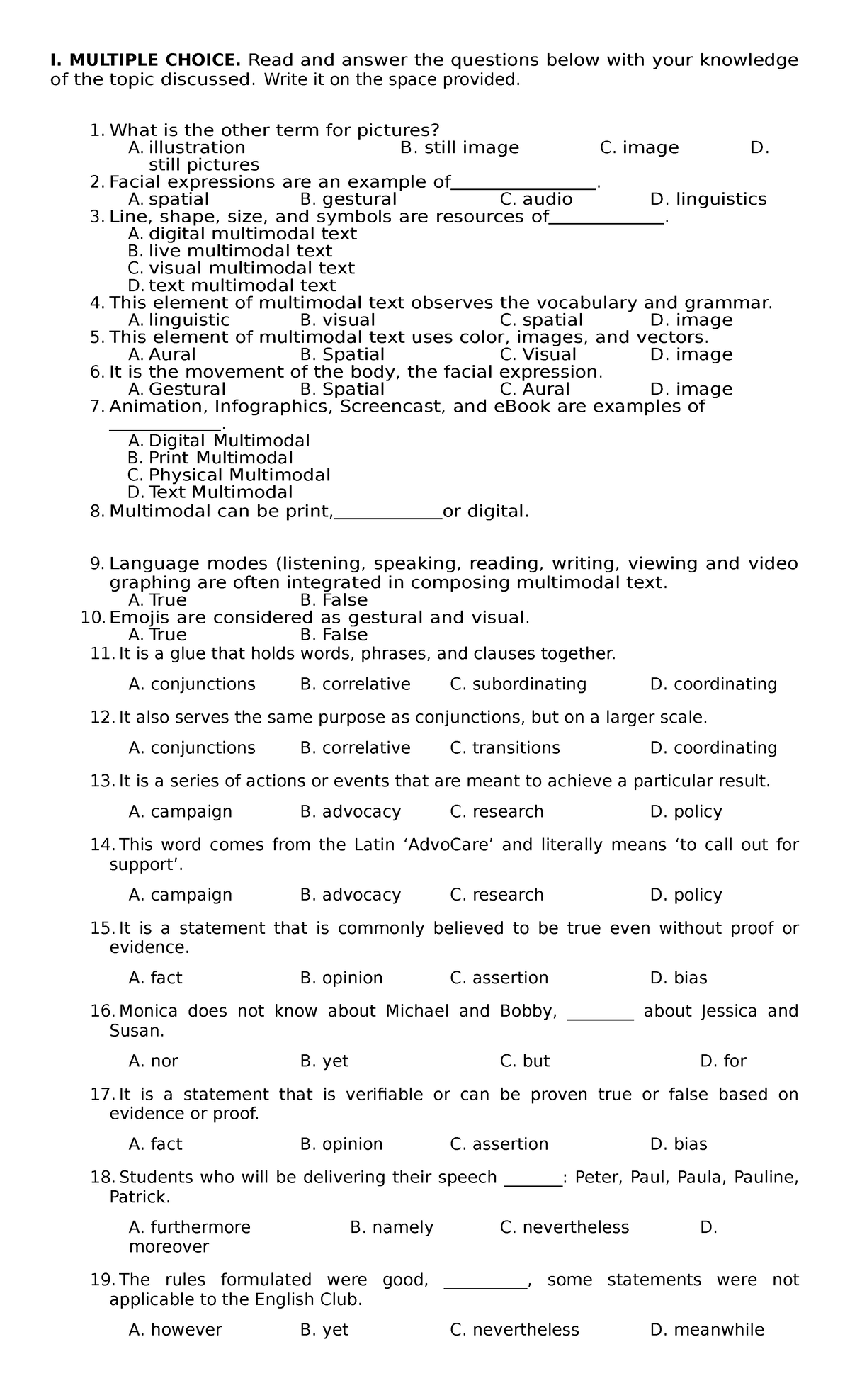 English - I. MULTIPLE CHOICE. Read and answer the questions below with ...