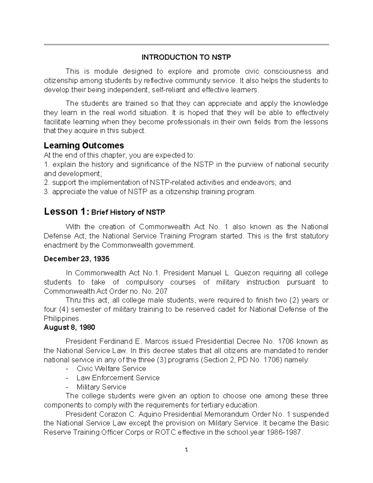 Introduction TO NSTP - Nstp - INTRODUCTION TO NSTP This is module ...
