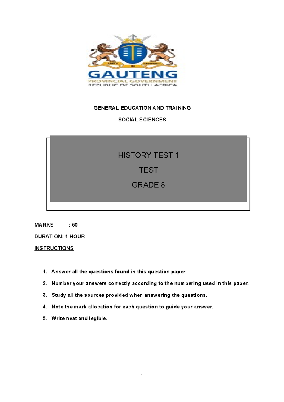 Grade 8 History Term 1 Exemplar 1 - GENERAL EDUCATION AND TRAINING SOCIAL SCIENCES MARKS : 50 ...
